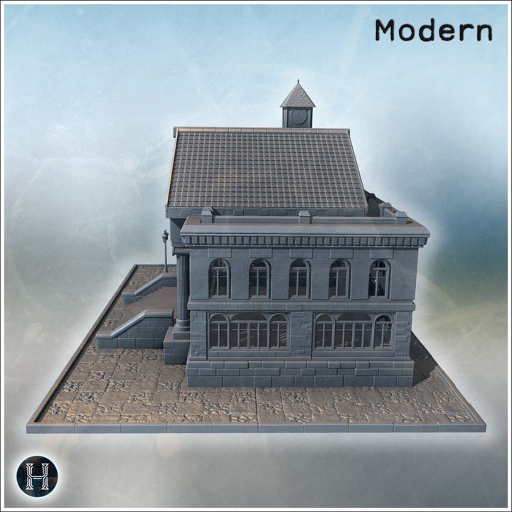 3D Printable Historic cinema building with large columns, clock tower ...