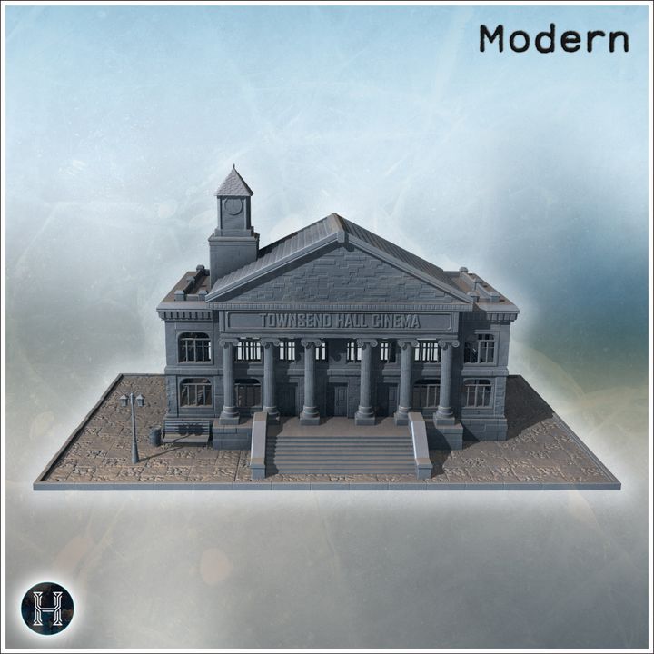 3D Printable Historic cinema building with large columns, clock tower ...