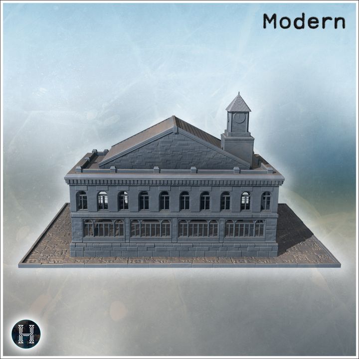 3D Printable Historic cinema building with large columns, clock tower ...