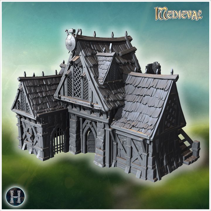 3D Printable Expansive guild hall featuring decorative woodwork, stone ...