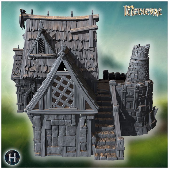 3D Printable Expansive guild hall featuring decorative woodwork, stone ...