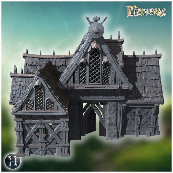 3D Printable Expansive guild hall featuring decorative woodwork, stone ...