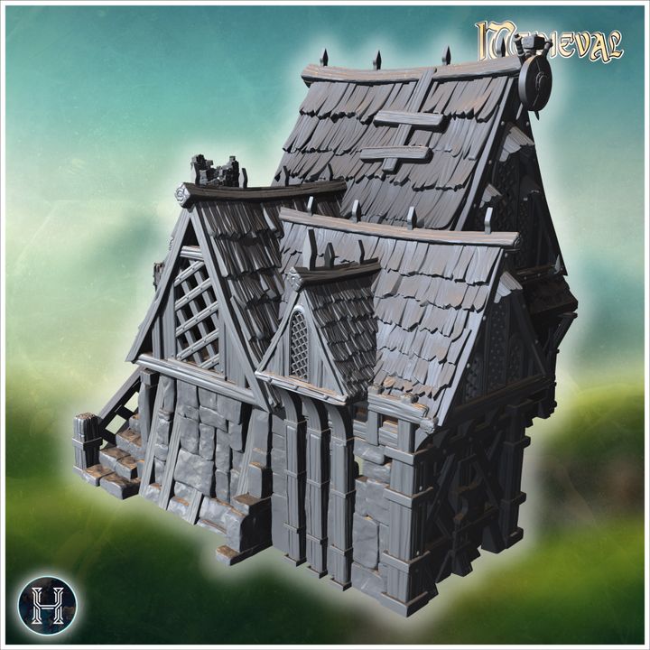 3D Printable Expansive guild hall featuring decorative woodwork, stone ...