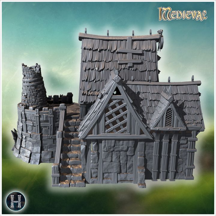 3D Printable Expansive guild hall featuring decorative woodwork, stone ...