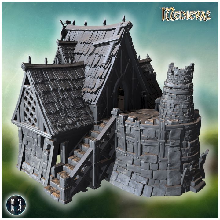 3D Printable Expansive guild hall featuring decorative woodwork, stone ...