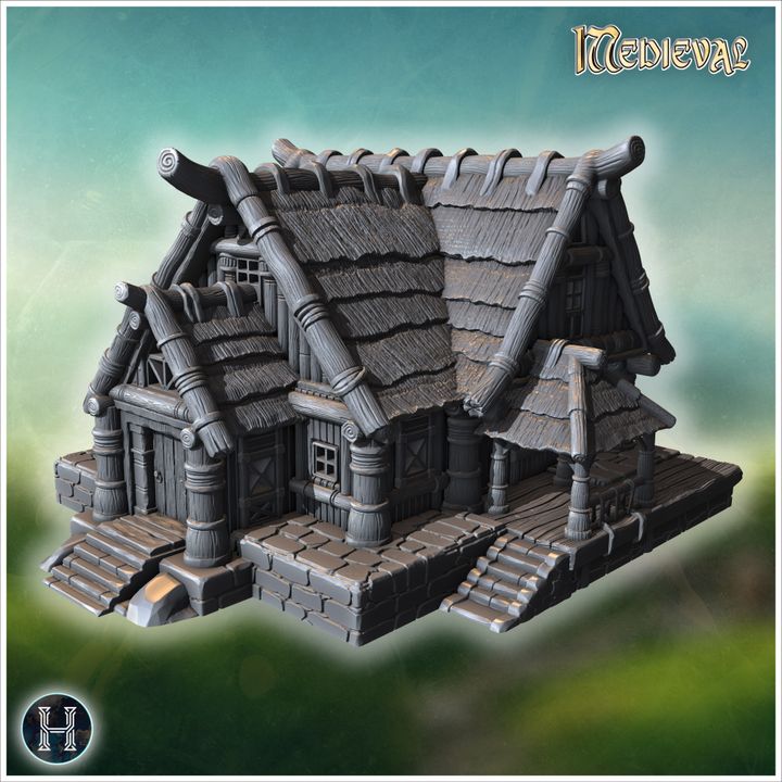 3D Printable Rustic wooden house with overlapping roof shingles, thick ...