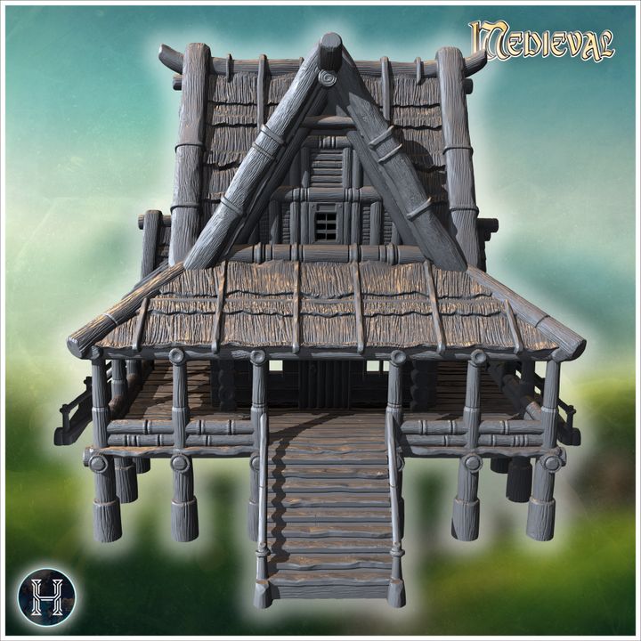 3D Printable Elevated rustic wooden house with detailed porch, steep ...