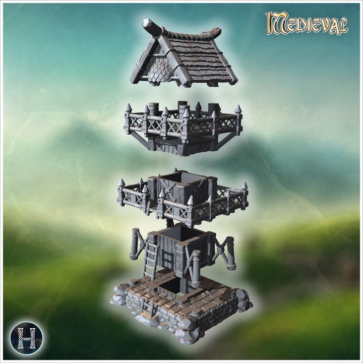 3D Printable Tall wooden watchtower with fortified railings, a ladder ...