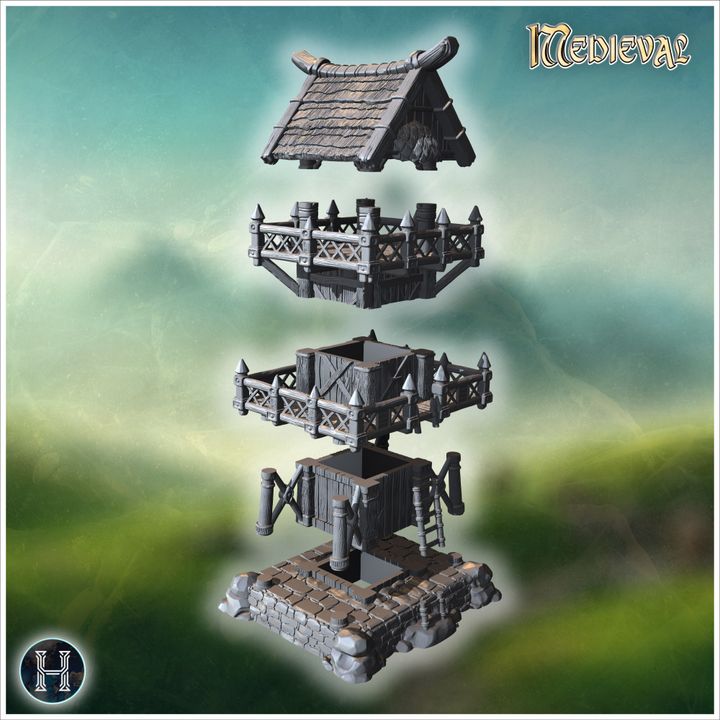 3D Printable Tall wooden watchtower with fortified railings, a ladder ...
