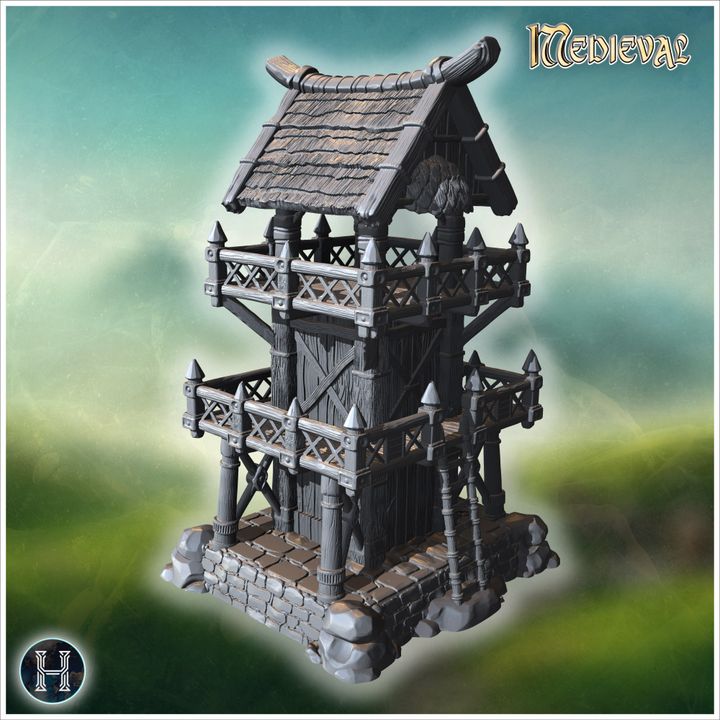 3D Printable Tall wooden watchtower with fortified railings, a ladder ...