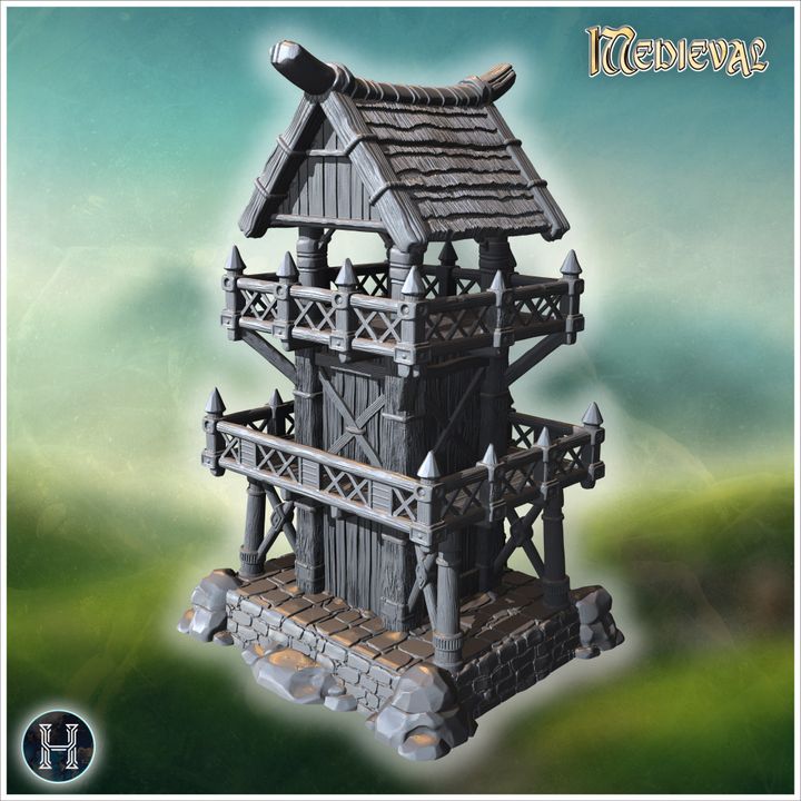 3D Printable Tall wooden watchtower with fortified railings, a ladder ...