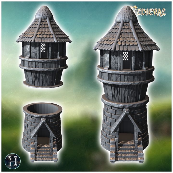 3D Printable Circular watchtower with thatched roof and stone base ...