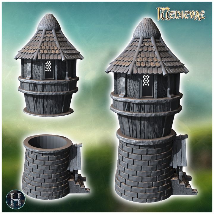 3D Printable Circular watchtower with thatched roof and stone base ...