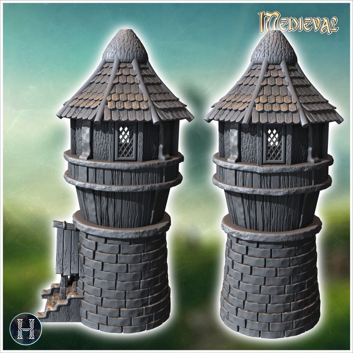 3D Printable Circular watchtower with thatched roof and stone base ...