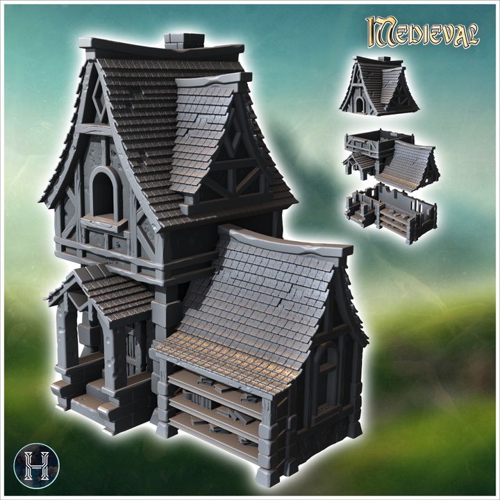 3D Printable Elaborate two-story medieval house with a balcony and ...