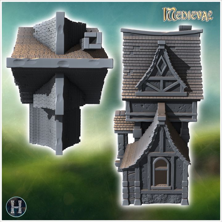 3D Printable Elaborate two-story medieval house with a balcony and ...