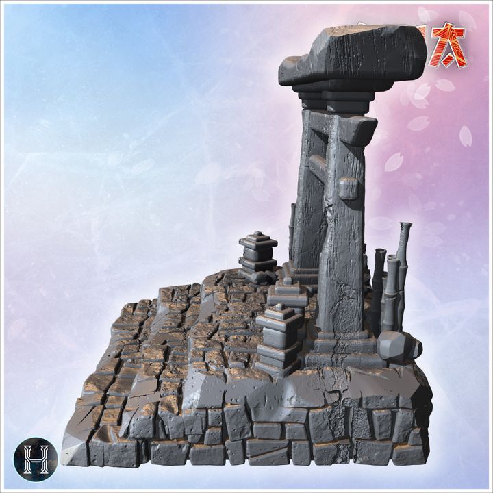 3D Printable Small torii gate on stone steps with surrounding ...