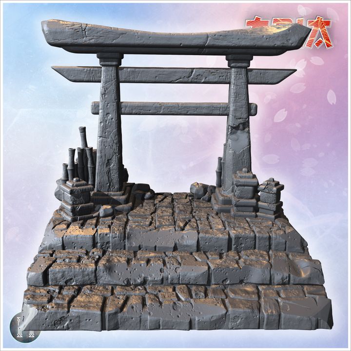 3D Printable Small torii gate on stone steps with surrounding ...