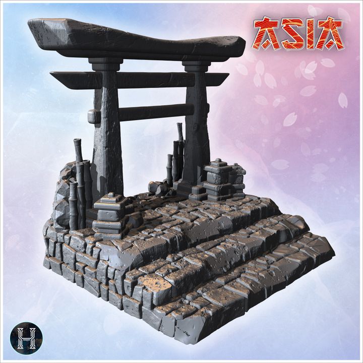 3D Printable Small torii gate on stone steps with surrounding ...