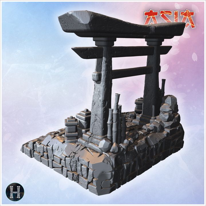 3D Printable Small torii gate on stone steps with surrounding ...