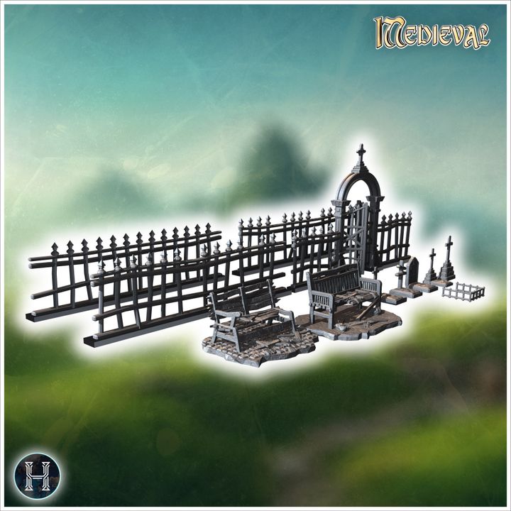 3D Printable Gothic-style graveyard with spiked fences, benches, and a ...