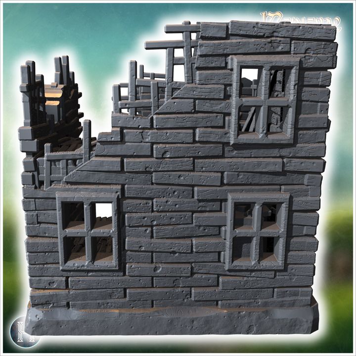 3D Printable Collapsed wooden building with exposed structure, broken ...
