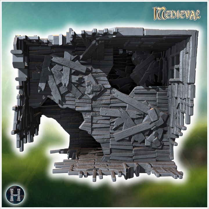 3D Printable Collapsed wooden building with exposed structure, broken ...