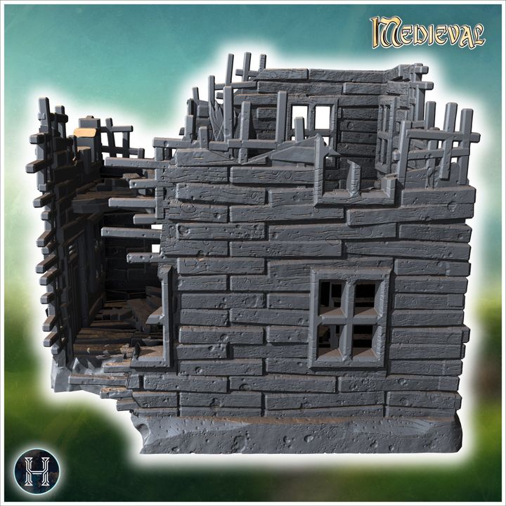 3D Printable Collapsed wooden building with exposed structure, broken ...