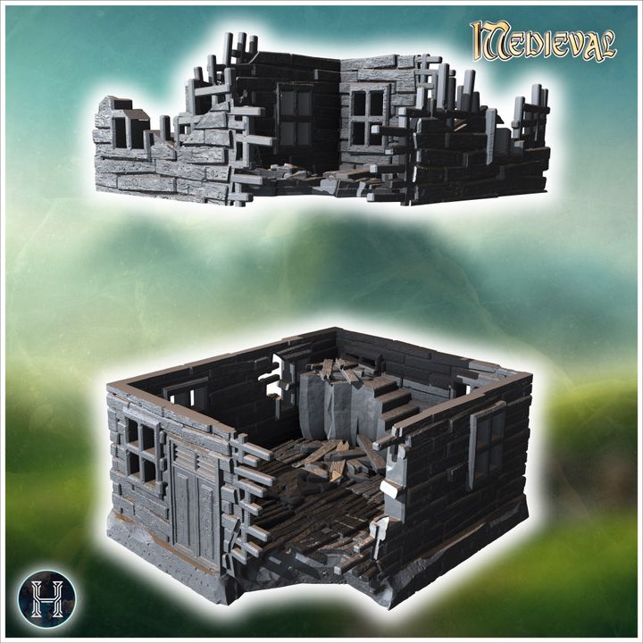 3D Printable Collapsed wooden building with exposed structure, broken ...