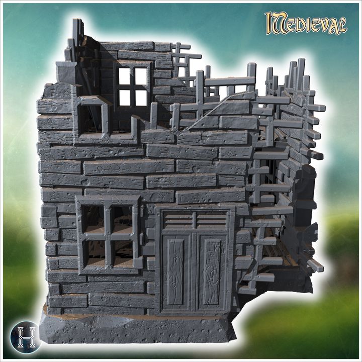 3D Printable Collapsed wooden building with exposed structure, broken ...