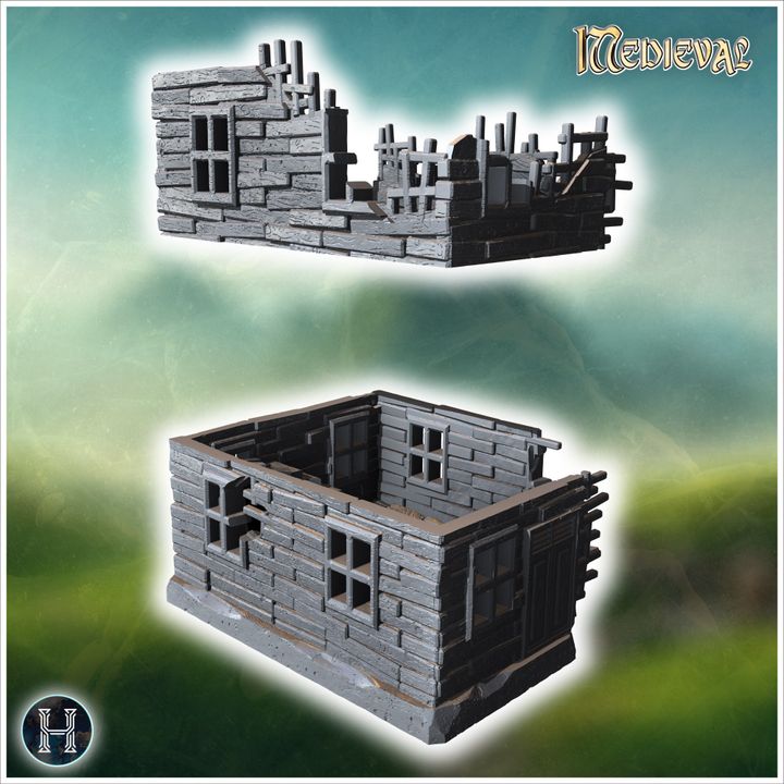3D Printable Collapsed wooden building with exposed structure, broken ...