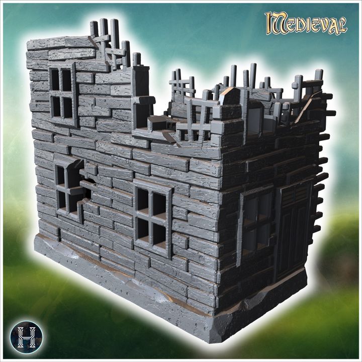 3D Printable Collapsed wooden building with exposed structure, broken ...