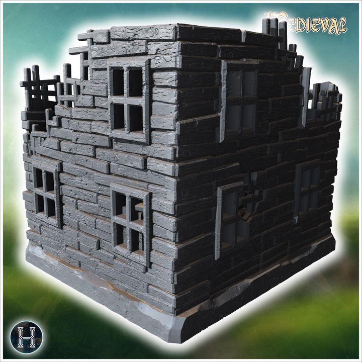 3D Printable Collapsed wooden building with exposed structure, broken ...