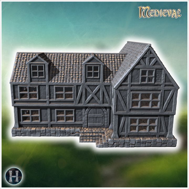 3D Printable Large timber-framed building with multiple windows, tiled ...