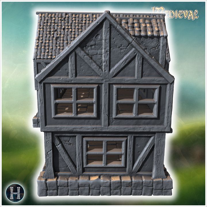 3D Printable Large timber-framed building with multiple windows, tiled ...