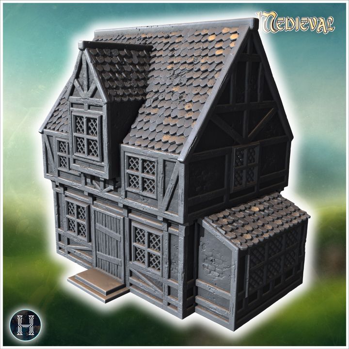 3D Printable Half-timbered house with a side extension, small porch ...