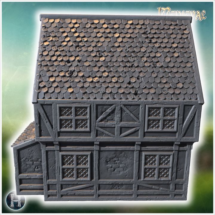 3D Printable Half-timbered house with a side extension, small porch ...
