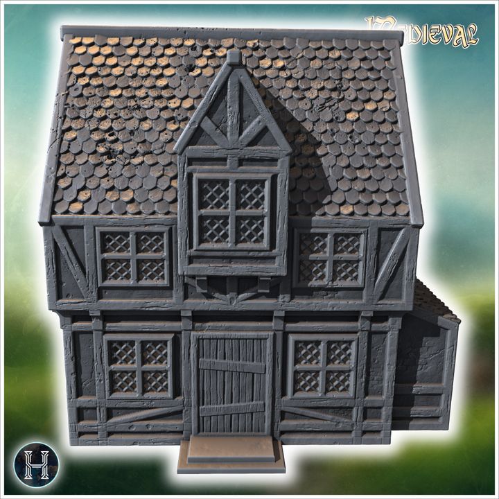 3D Printable Half-timbered house with a side extension, small porch ...