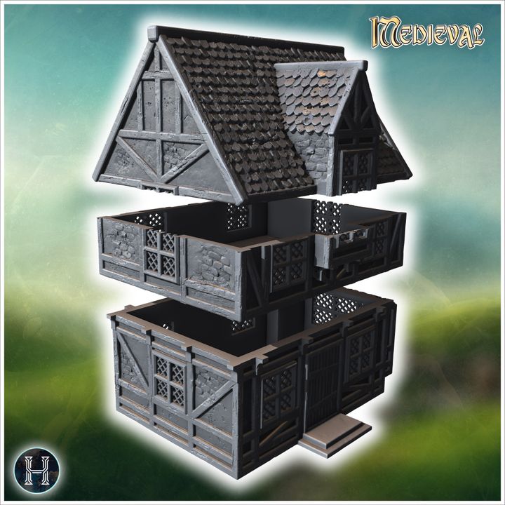3D Printable Half-timbered house with a side extension, small porch ...