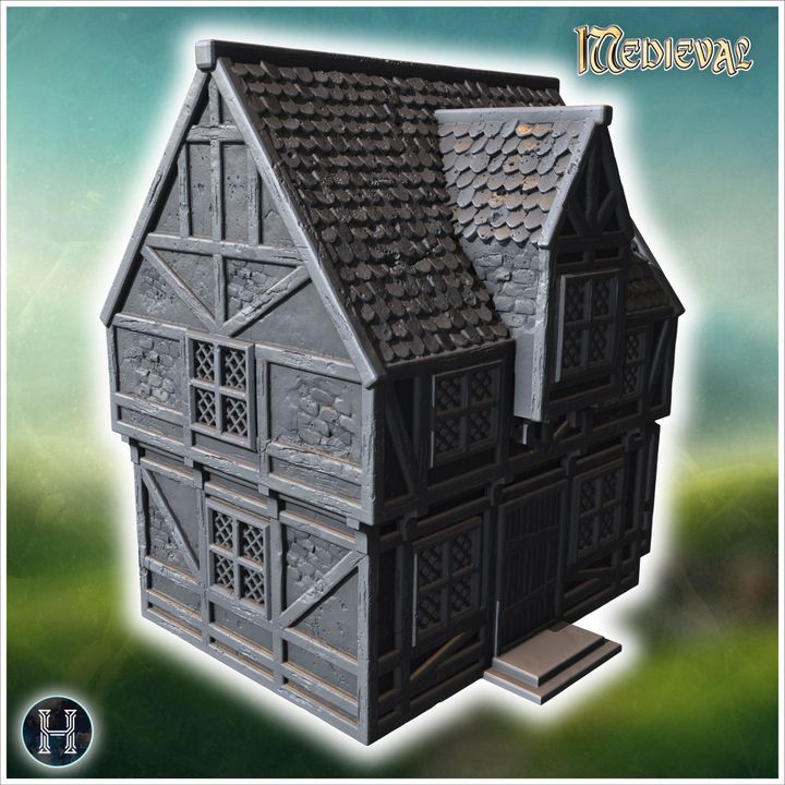 3D Printable Half-timbered house with a side extension, small porch ...