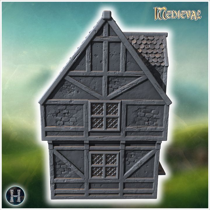 3D Printable Half-timbered house with a side extension, small porch ...