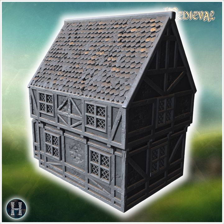 3D Printable Half-timbered house with a side extension, small porch ...
