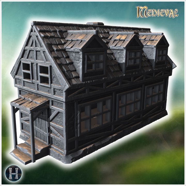 3D Printable Long half-timbered building with dormer windows, steep ...
