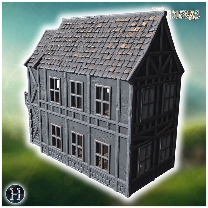 3D Printable Timber-framed house with a wooden balcony, decorative ...