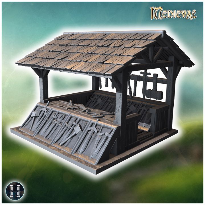 3D Printable Open wooden market stall with a slanted roof, display ...