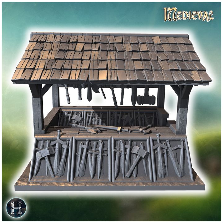 3D Printable Open wooden market stall with a slanted roof, display ...