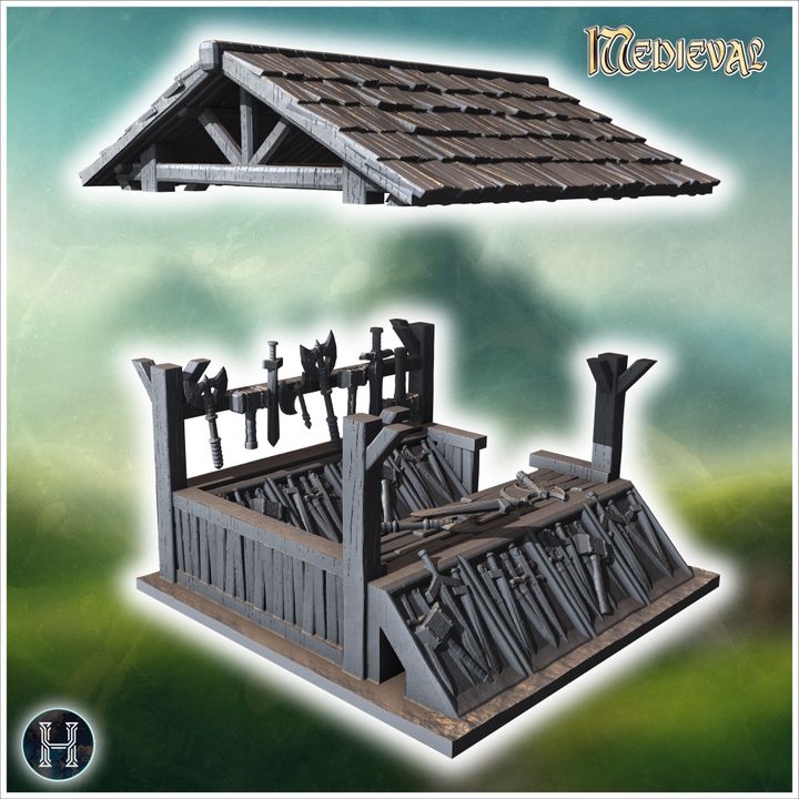 3D Printable Open wooden market stall with a slanted roof, display ...