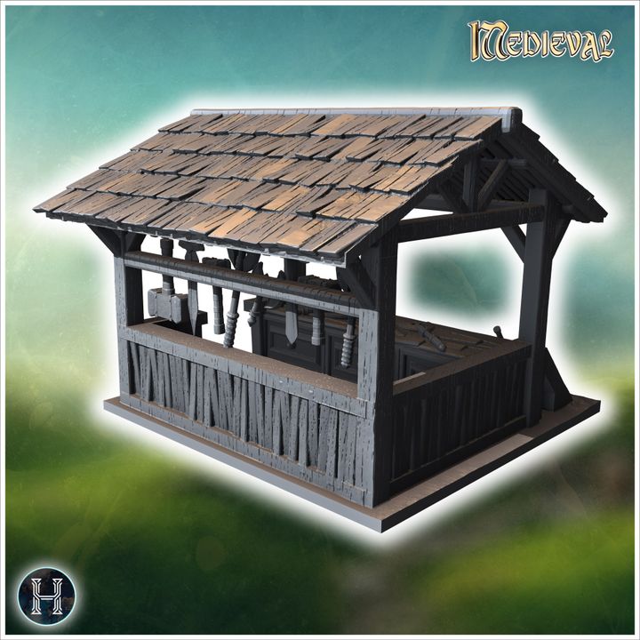3D Printable Open wooden market stall with a slanted roof, display ...