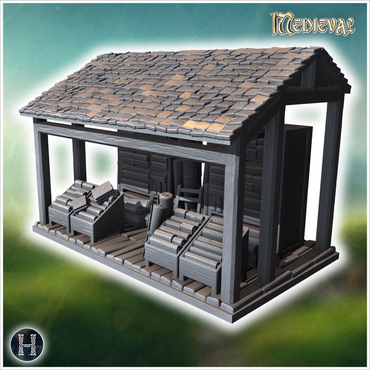 3D Printable Small wooden shack with crates containing rolled parchment ...
