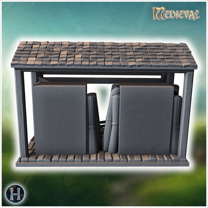 3D Printable Small wooden shack with crates containing rolled parchment ...